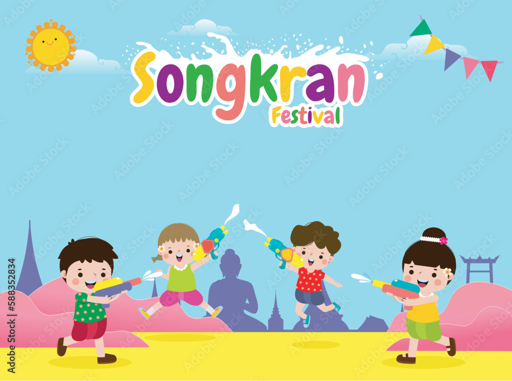 Happy Songkran Festival, Thai New Year, kids enjoy splashing water in ...