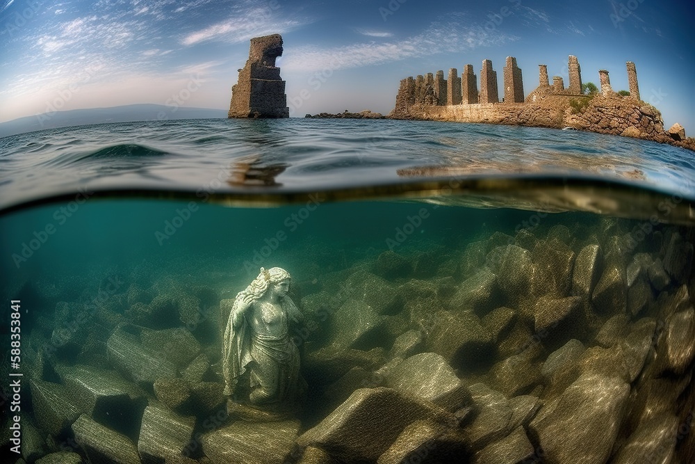 A sunken city beneath the waves, with ancient ruins and mermaid statues ...