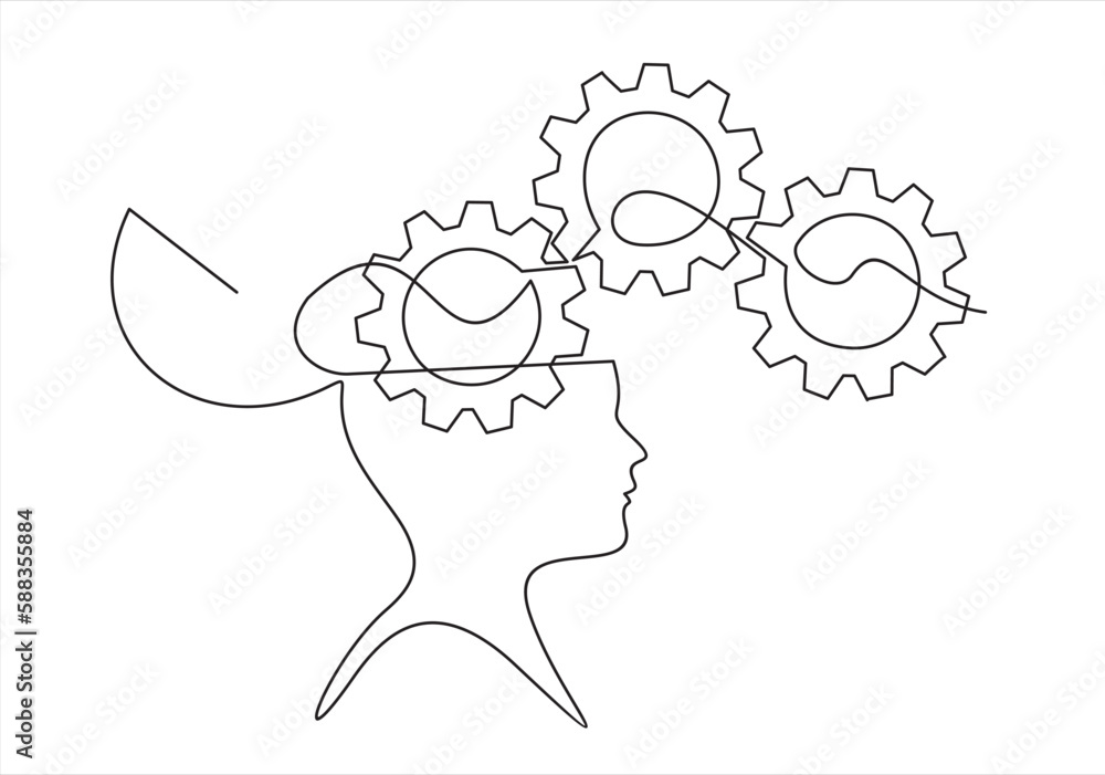 Human head with gears inside in Continuous one line drawing. Concept of ...
