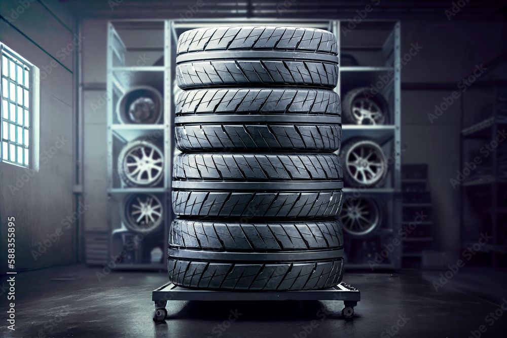Seasonal tire storage. A new set of summer tires is stacked in a garage ...