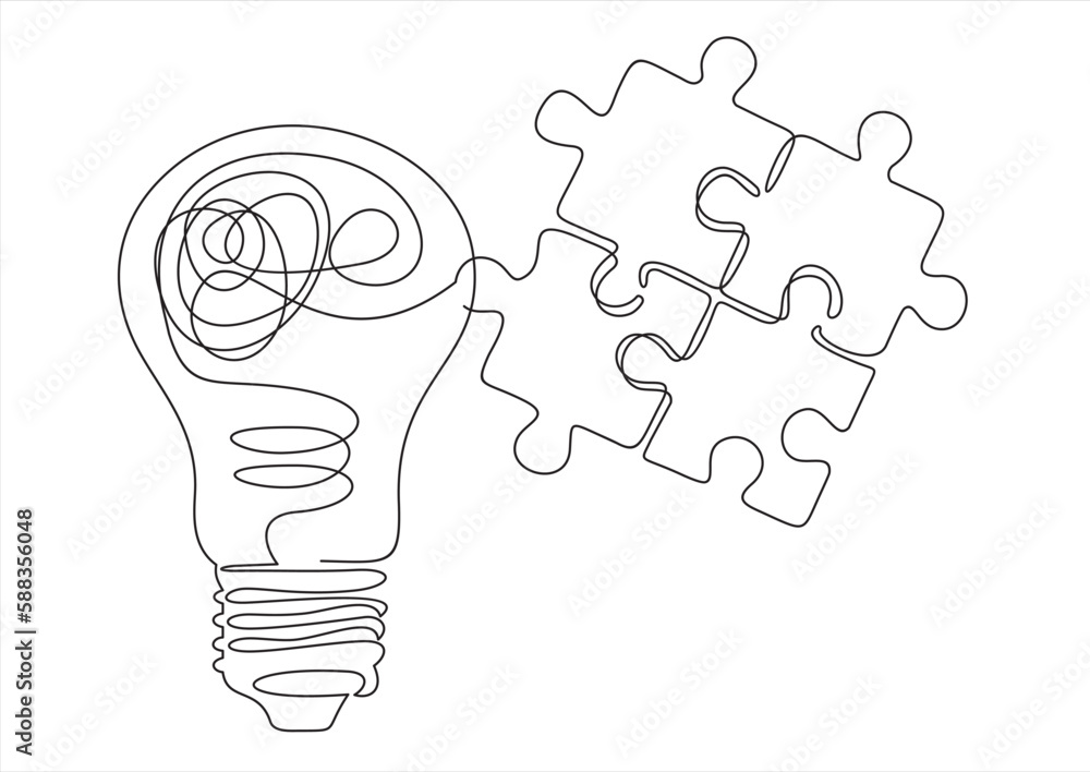 One single line drawing of light bulb with pieces of puzzles forming ...