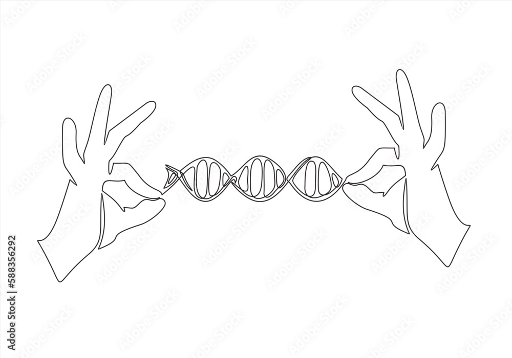 One continuous line drawing of hands holding DNA. vector illustration ...