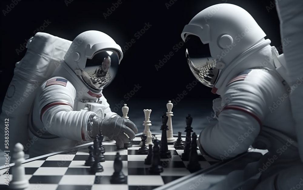 Two astronauts play chess on the moon. Two astronauts engrossed in a ...