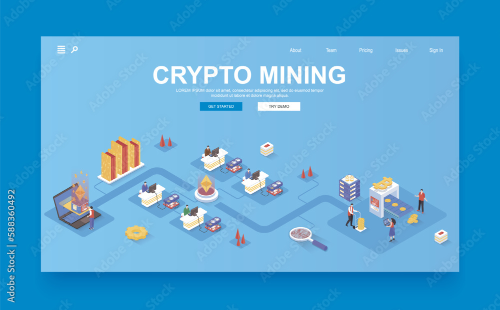 Cryptocurrency mining concept 3d isometric landing page template. People work on amining farm ...
