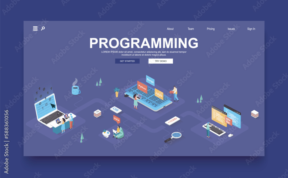 Programming company concept 3d isometric landing page template. People create software, writing ...