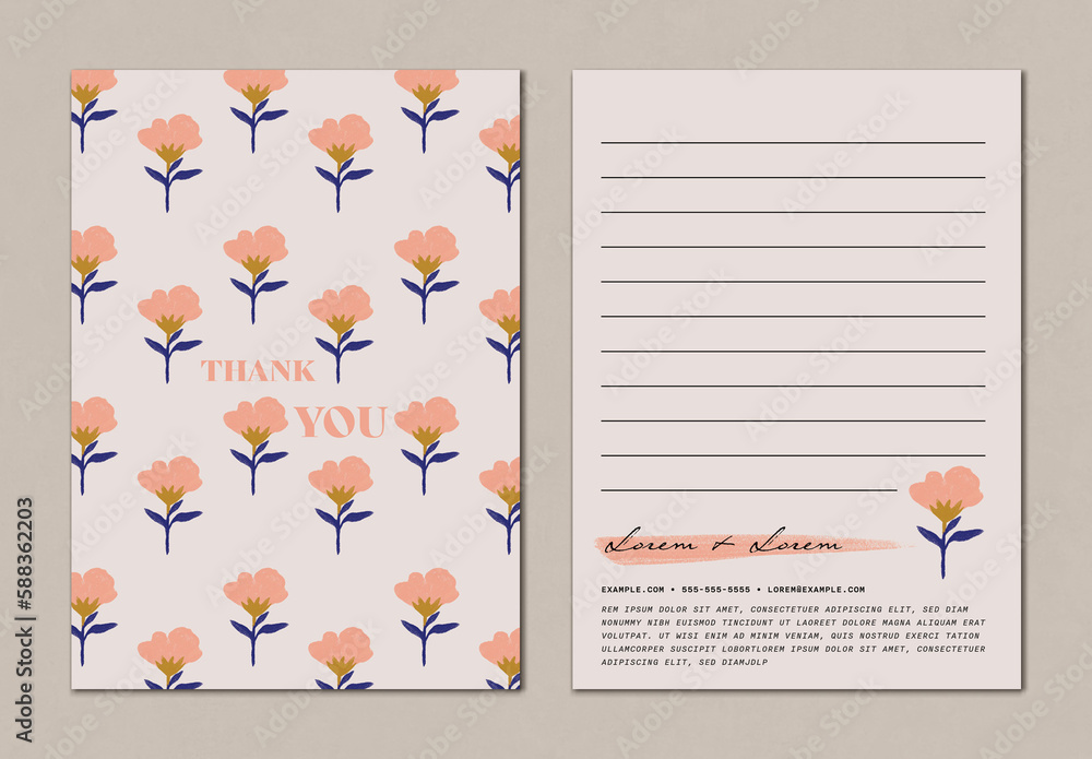 Floral Thank You Card with Back Design Stock Template | Adobe Stock