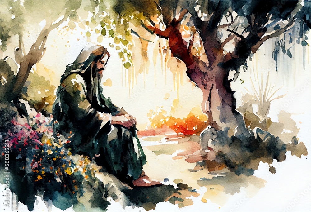 Watercolor Illustration of a Jesus Praying In The Garden Of Gethsemane ...
