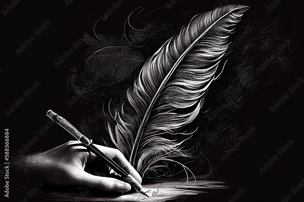 Hand with a quill pen ink black and white drawing. Generative Ai Stock ...
