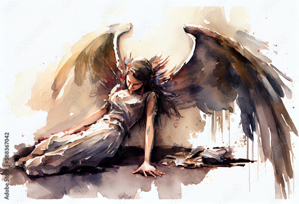 Watercolor Illustration of a Little Burnt Fallen Angel, An Angel Who ...