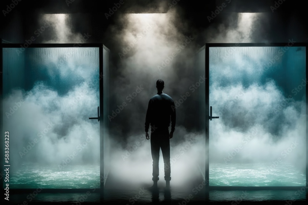 Man standing in mist against cubical prison created with Generative AI ...
