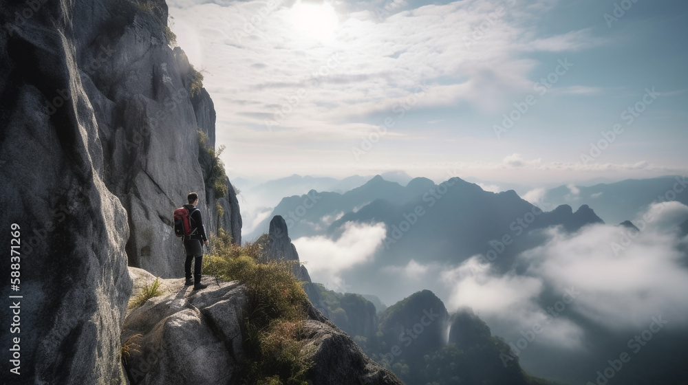 AI generated Asian man rock climber in black pants climbing on a ...