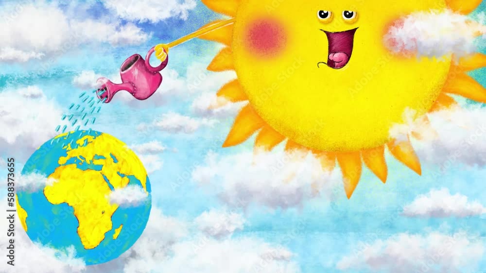 Earth day with happy cute sun watering earth globe. Blue sky moving ...