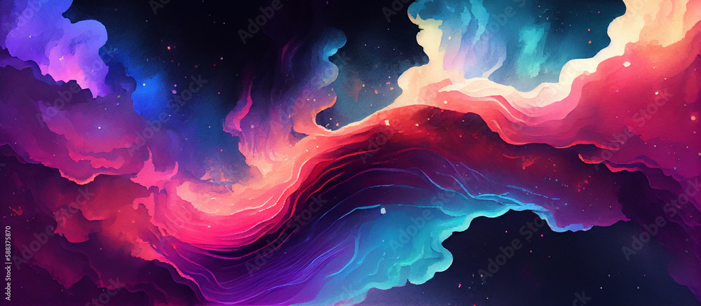 Cosmos abstract background, sky with wavy clouds and stars, wide banner ...