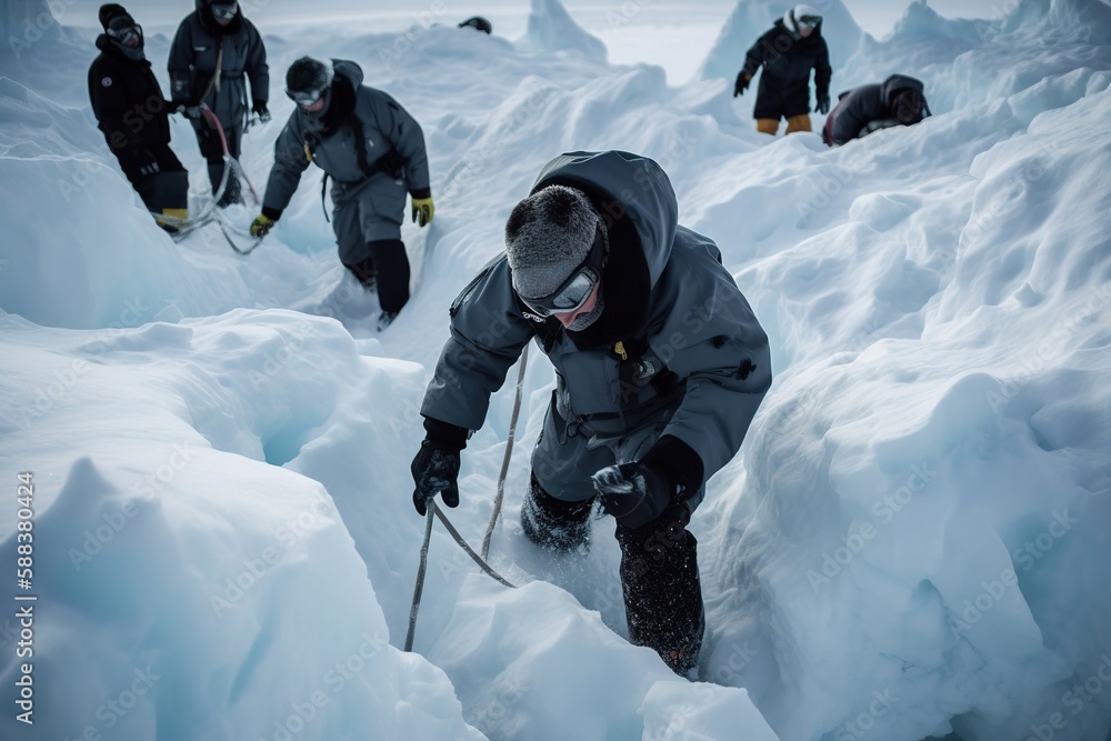 team of scientists conducts research in the frozen tundra, facing ...