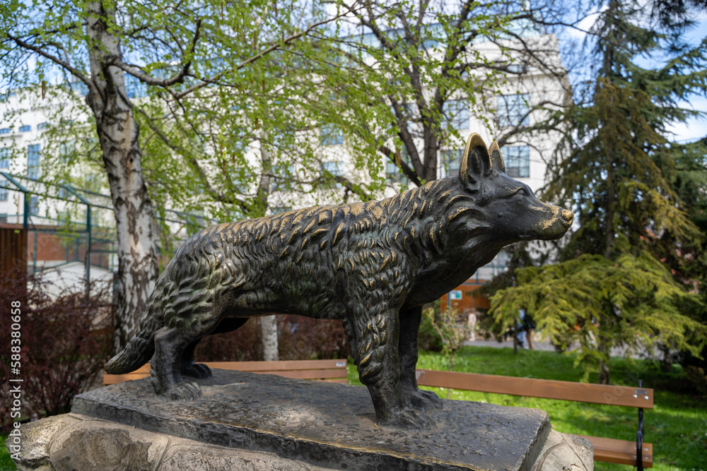 Wolf statue in Belgrade Zoo. Belgrade, Serbia - April 2, 2023. Stock ...