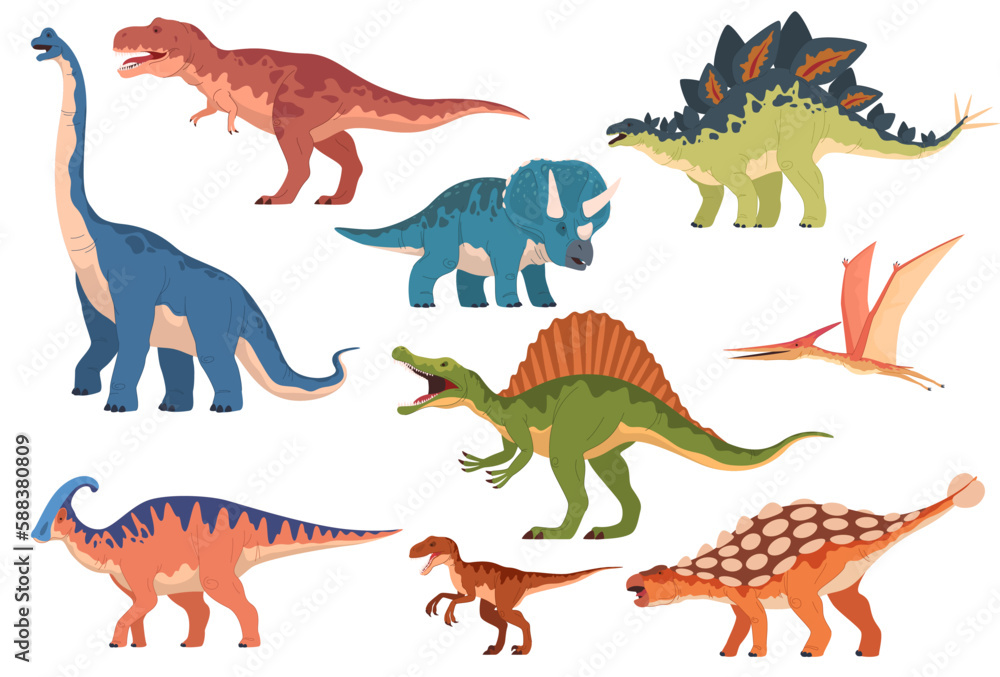 Cartoon colored dinosaurs. Prehistoric cold-blooded foot-and-mouth ...