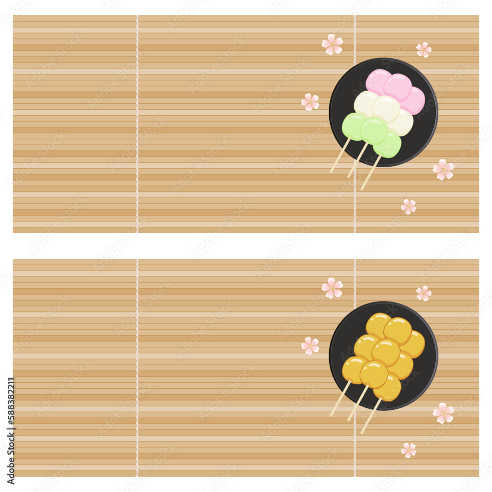 Hanami dango and Mitarashi dango on a black round plate on a bamboo mat ...