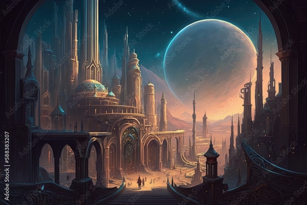 Cosmic city of the future with a magical castle created with Generative ...