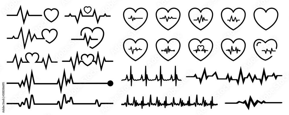 Heartbeat icon collection. Set of black cardiology pulse icons ...