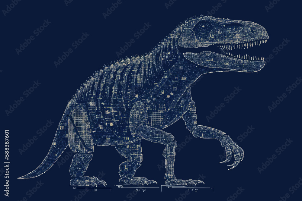 ASCII Art style Illustration of dinosaur over blue background ...