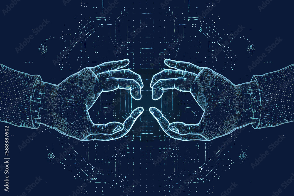 ASCII Art style Illustration of connecting hands over blue background ...