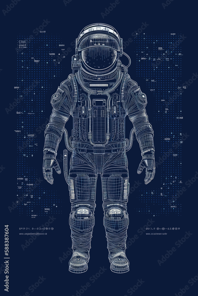 ASCII Art style Illustration of astronaut over blue background ...