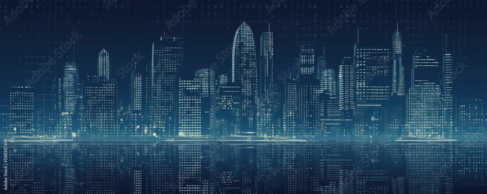 ASCII Art style Illustration of city skyline over blue background ...
