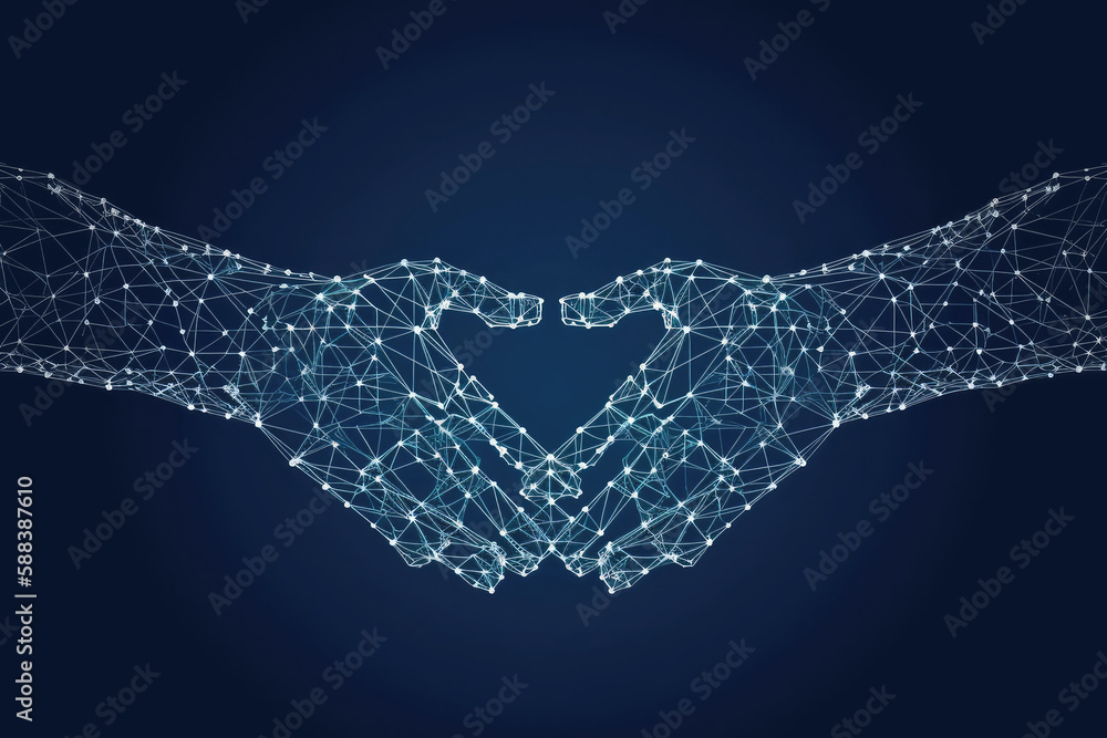 ASCII Art style Illustration of hands making a heart shape over blue ...