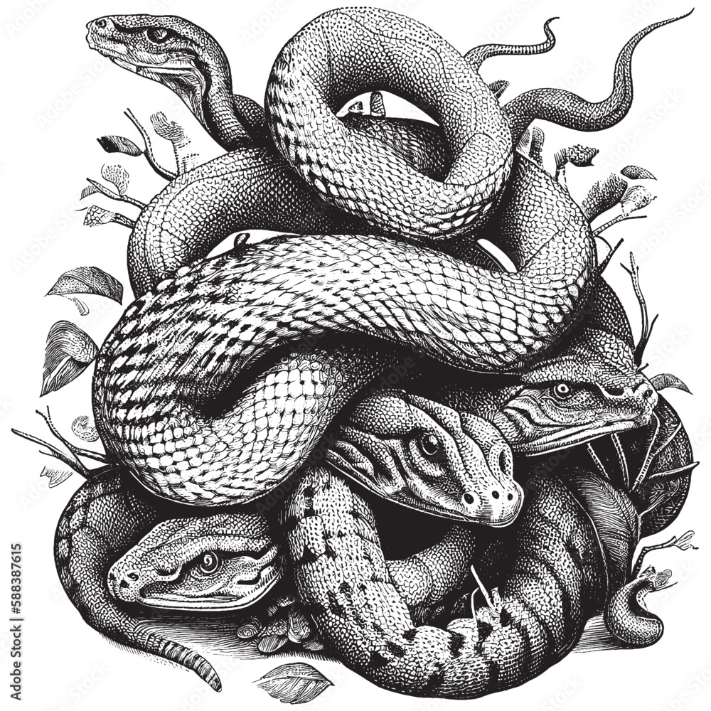 Hand Drawn Engraving Pen and Ink Pile of Snakes Vintage Vector ...