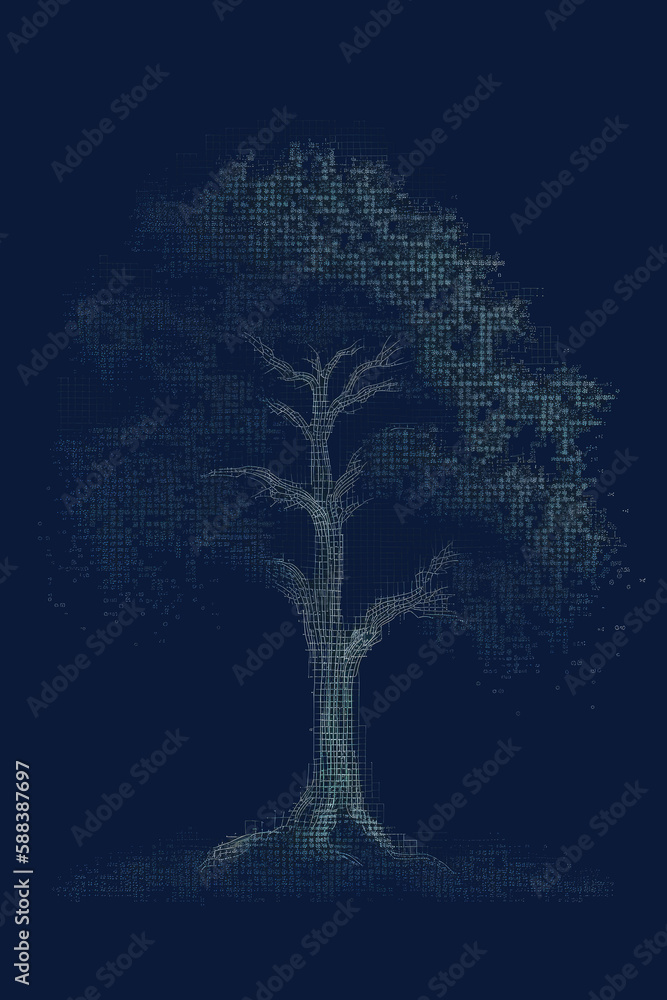 ASCII Art style Illustration of tree over blue background. Generative ...