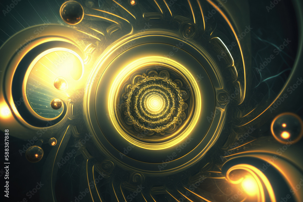 Cosmic trance and hypnosis concept of glowing details in digital neural ...