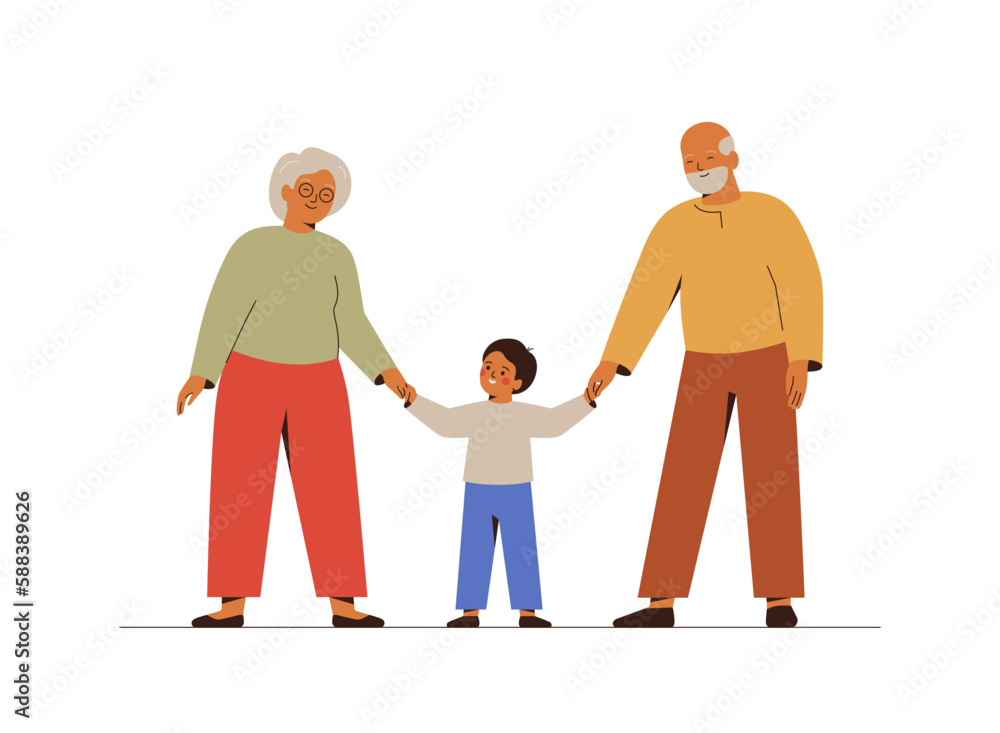 Grandparents hold their grandson by hands. Happy senior couple walk ...