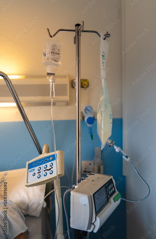 Medical equipment, instruments, monitors and bottle of solution liquid ...