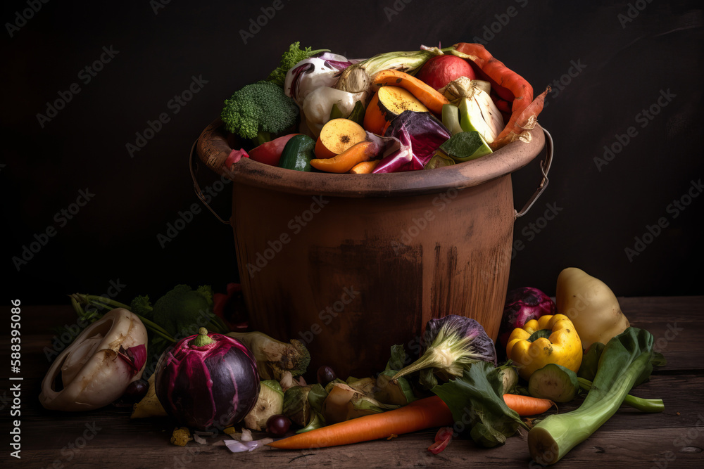 Uneaten unused spoiled vegetables thrown in the trash container. Food ...