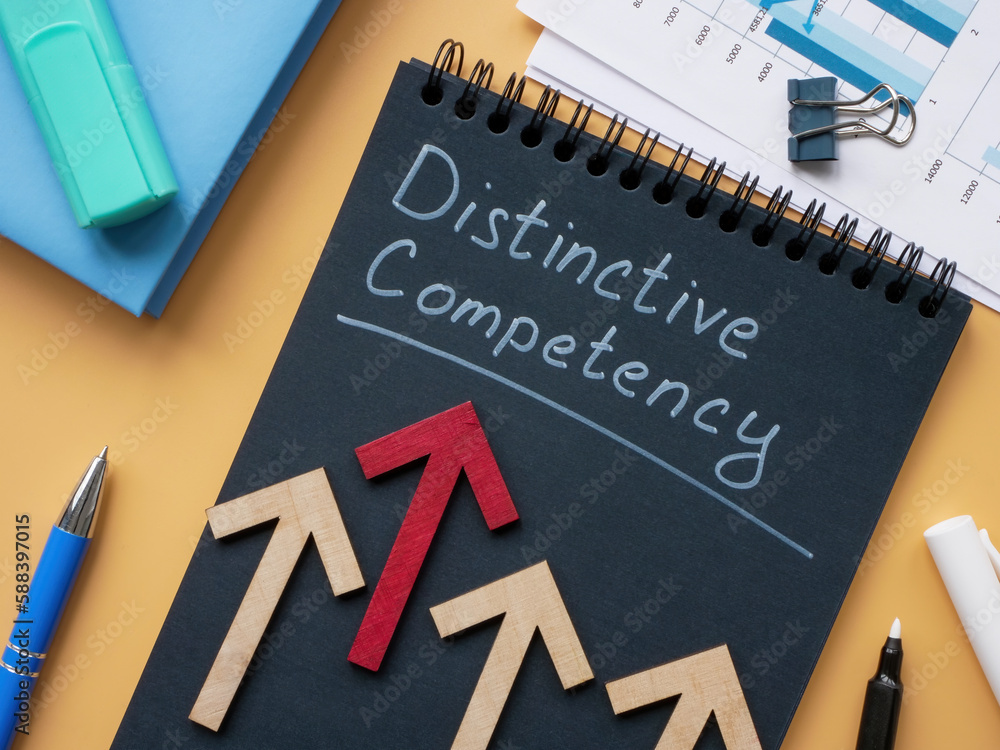 Distinctive competency sign and arrows with red one. Stock Photo ...