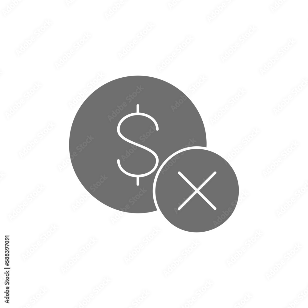 Coin with cross marks, rejected, incorrect grey fill icon. Finance ...