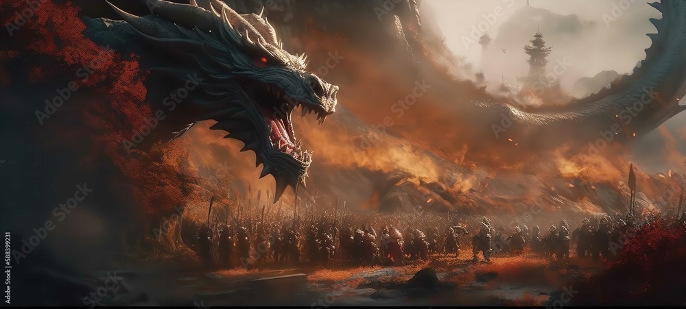 Poster Chinese mythology theme dragon and army are fighting Generative ...