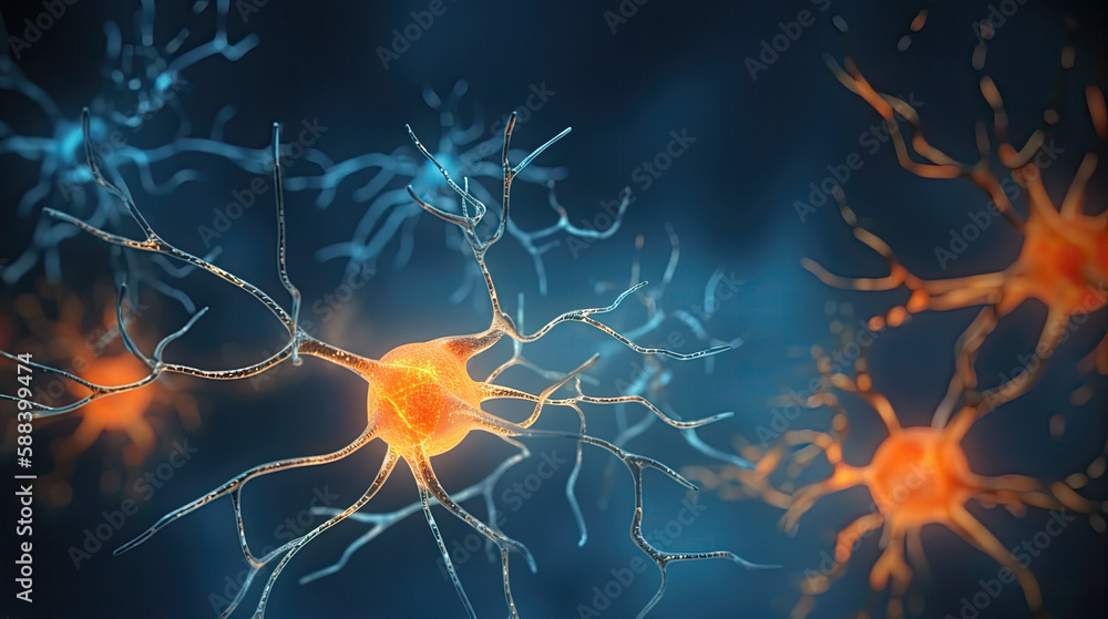 Conceptual illustration of neuron cells with glowing link knots. Blue ...