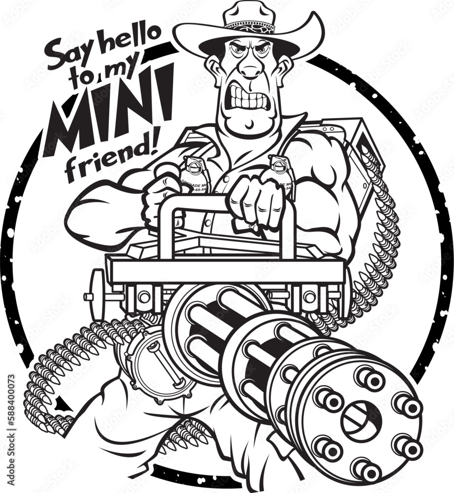 Cartoon style mercenary soldier pointing M134 Minigun machine gun Stock ...