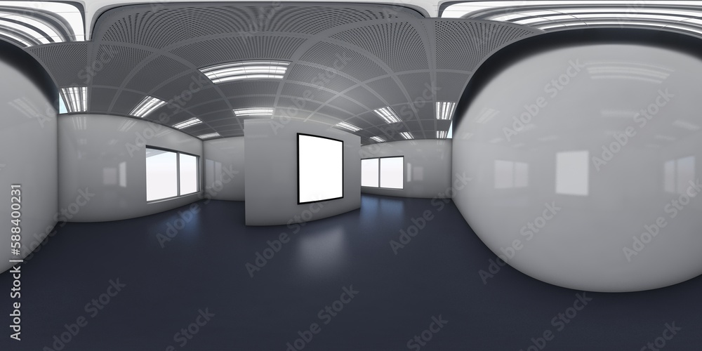 3d gallery room illustration spherical 360 vr degrees, white wall and ...