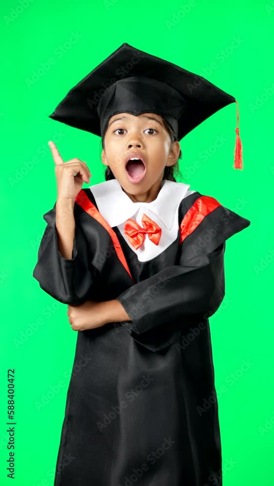 Graduation, surprise and child point on green screen for graduate ...