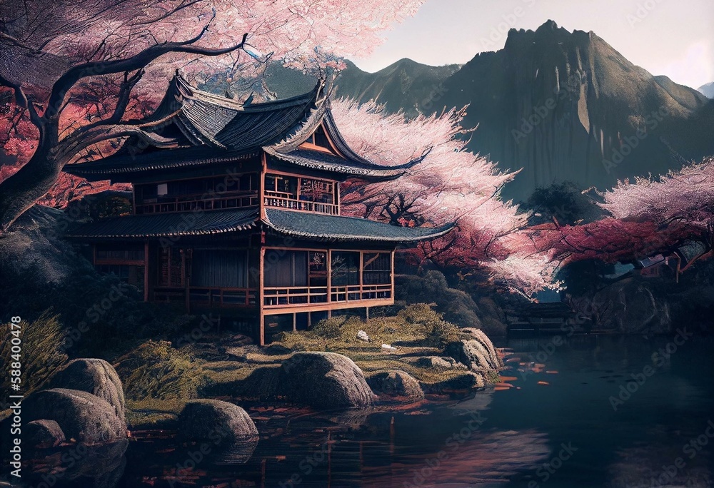 Japanese traditional building near lake and mountains with sakura tree ...