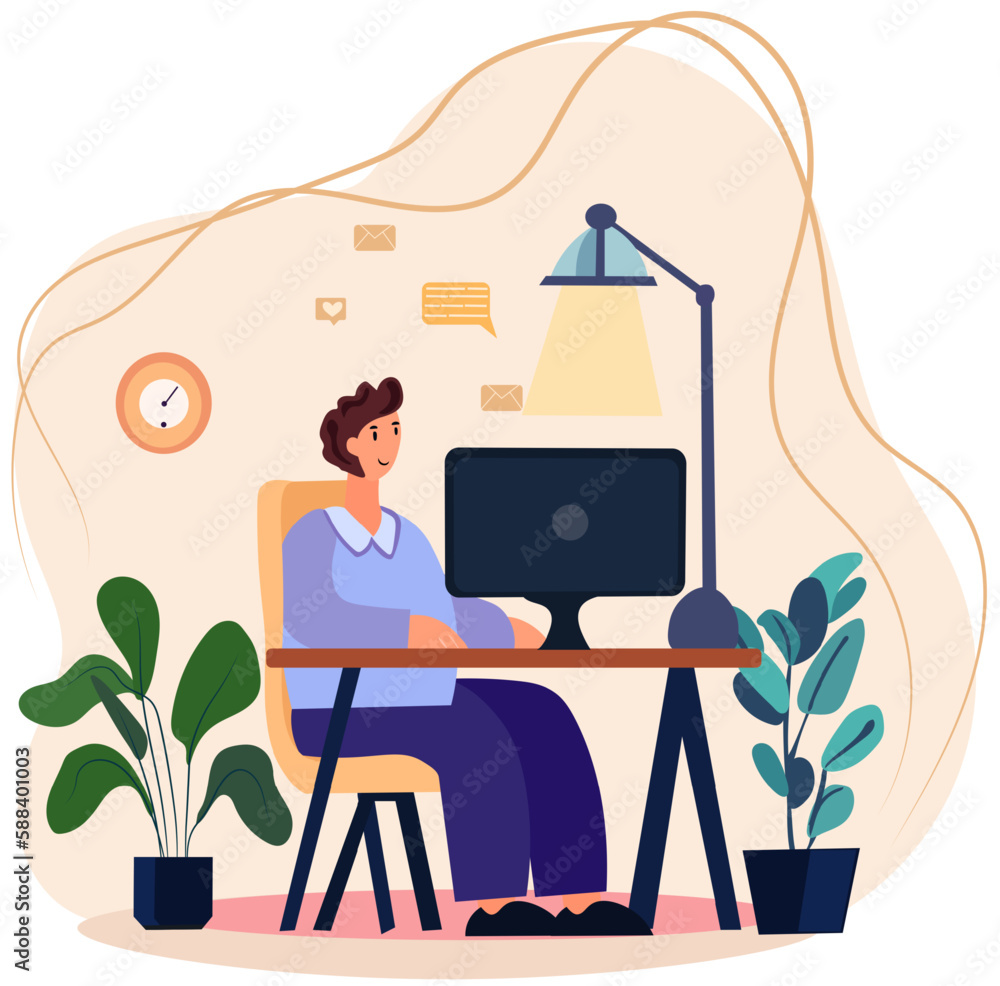 A depiction of the home office theme, featuring a man working remotely ...