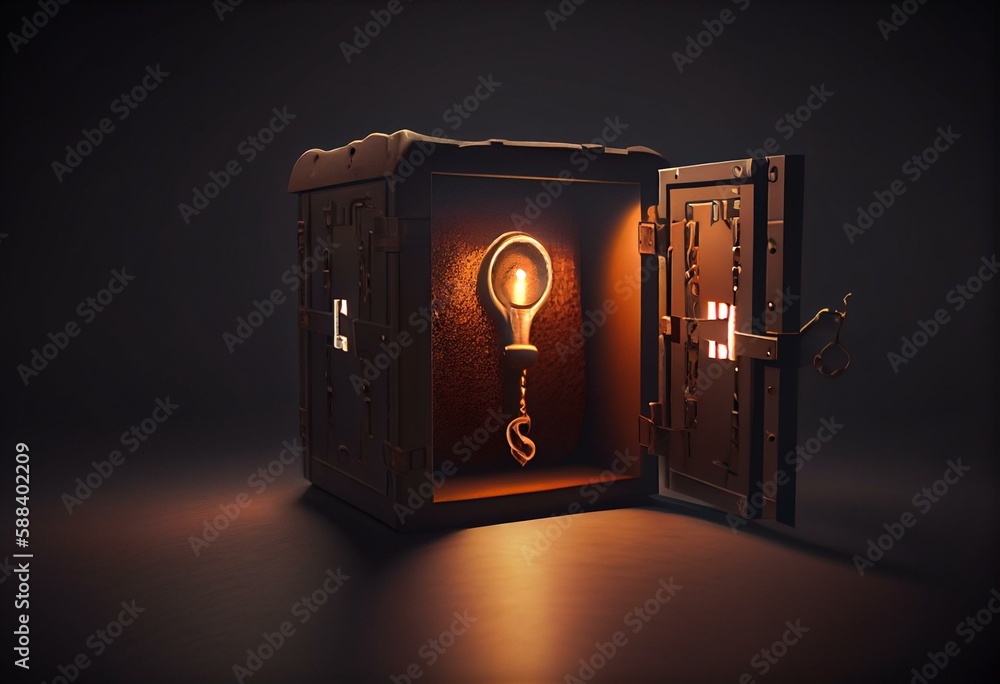 (3D Rendering, Illustration) Mysterious locked box with light coming through its keyhole on a ...