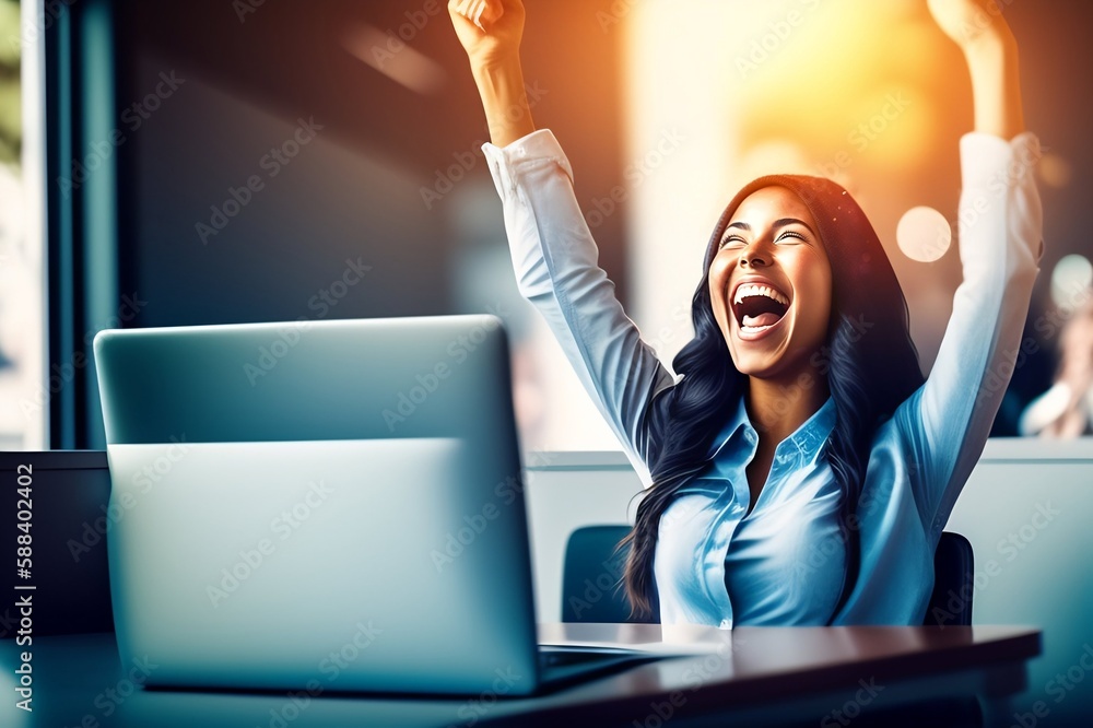 person working on computer Happy excited young women student or ...