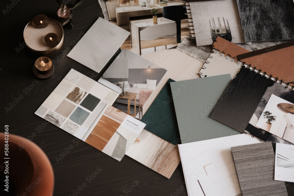 Interior design mood board with fabric and paint swatches. Generative ...
