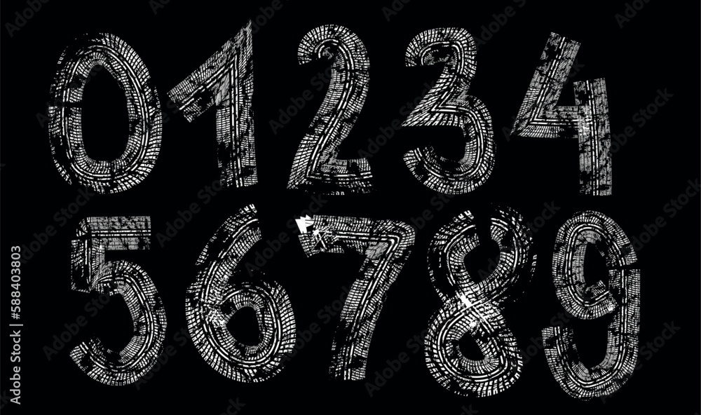 Tyre track numbers . Grunge texture . Screen print . Vector tire track ...