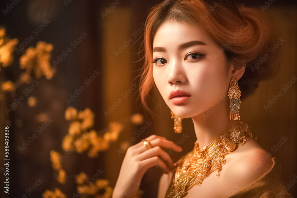 Golden Asian Princess Concept Mood and Tone with light and dress in ...