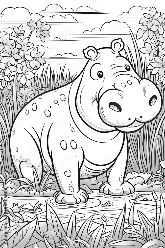 Cute hippopotamus coloring page for kids. Black and white. Generative ...