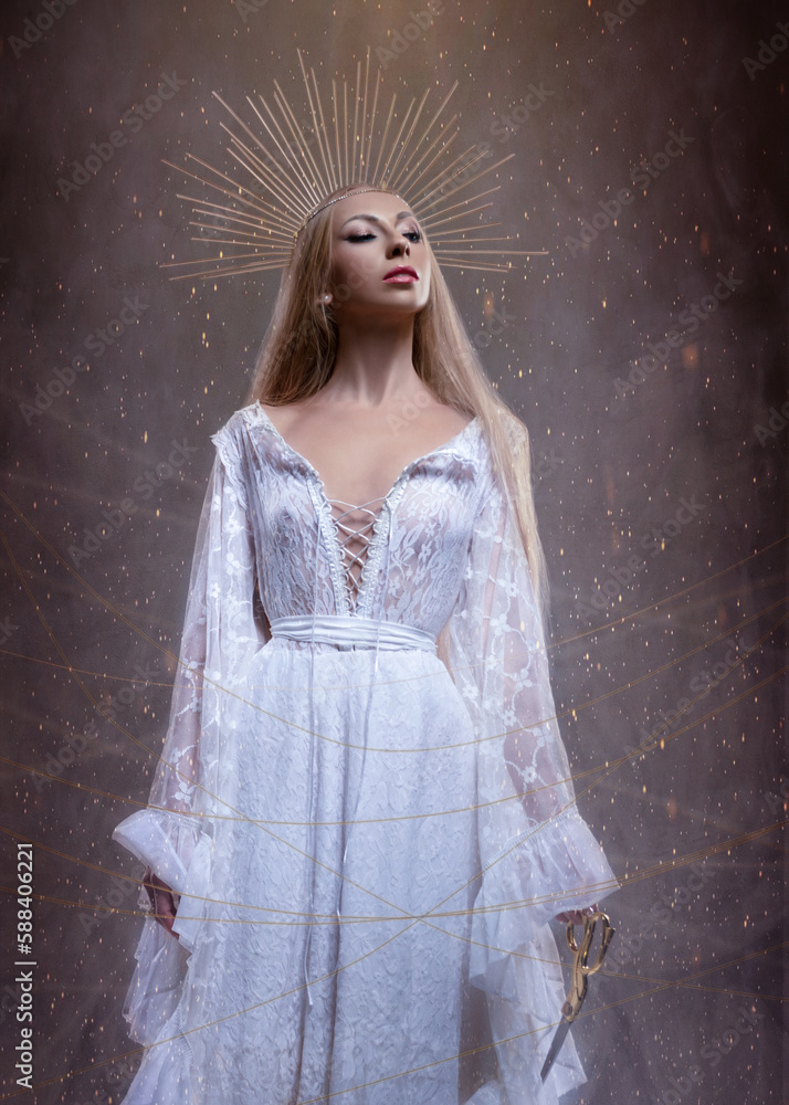 Goddess of fate moira with scissors is preparing to cut the thread of ...